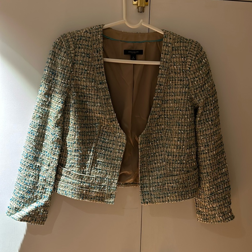 Tweed Cropped Blazer In Blue And Gold And Cream With … - Gem